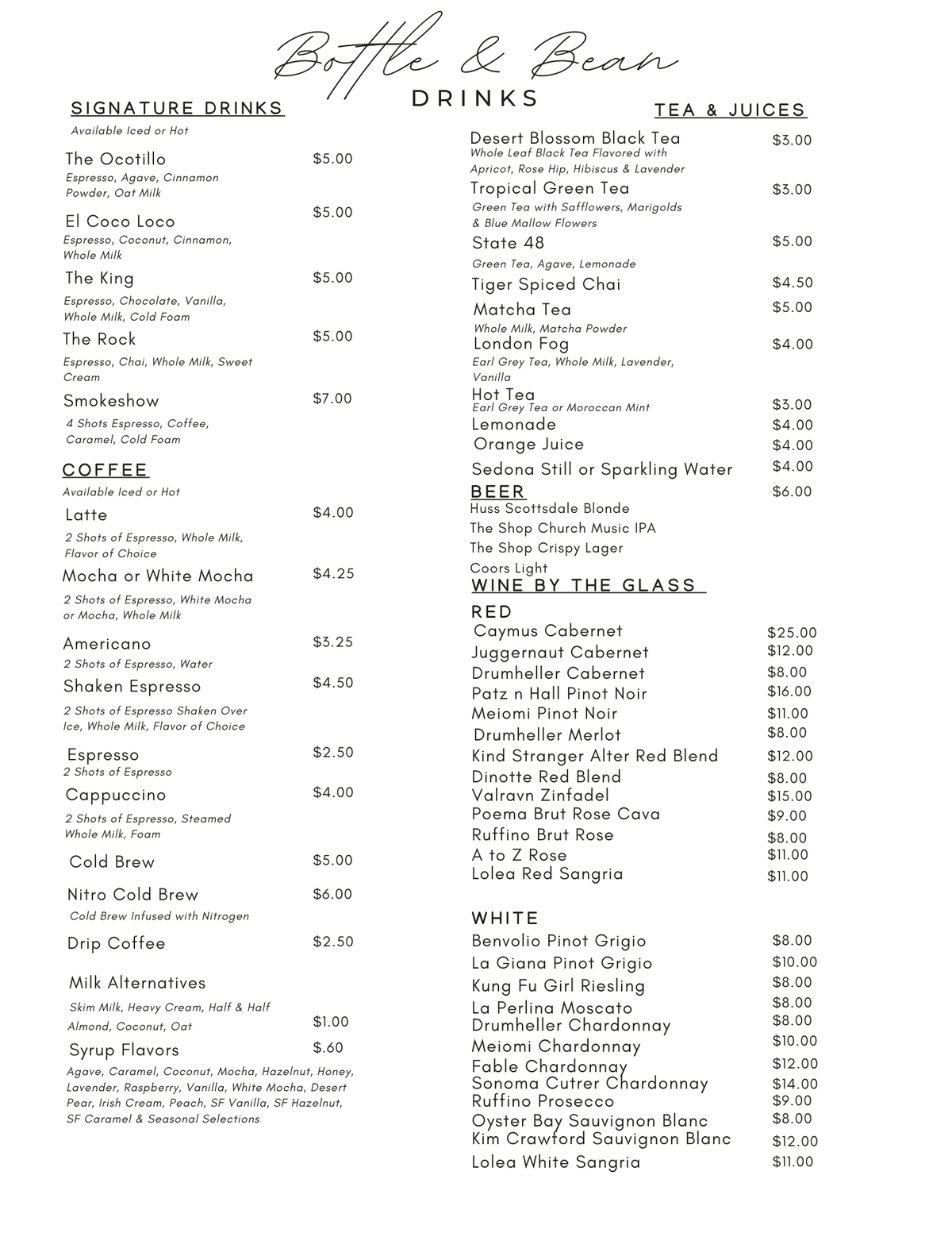 Bottle & Bean Menu